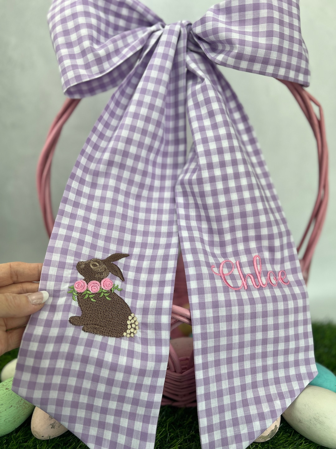 Easter Basket BOW With Name, Chocolate Easter Bunny 70" LONGER Custom Bow, Gingham Bow, Rabbit ...