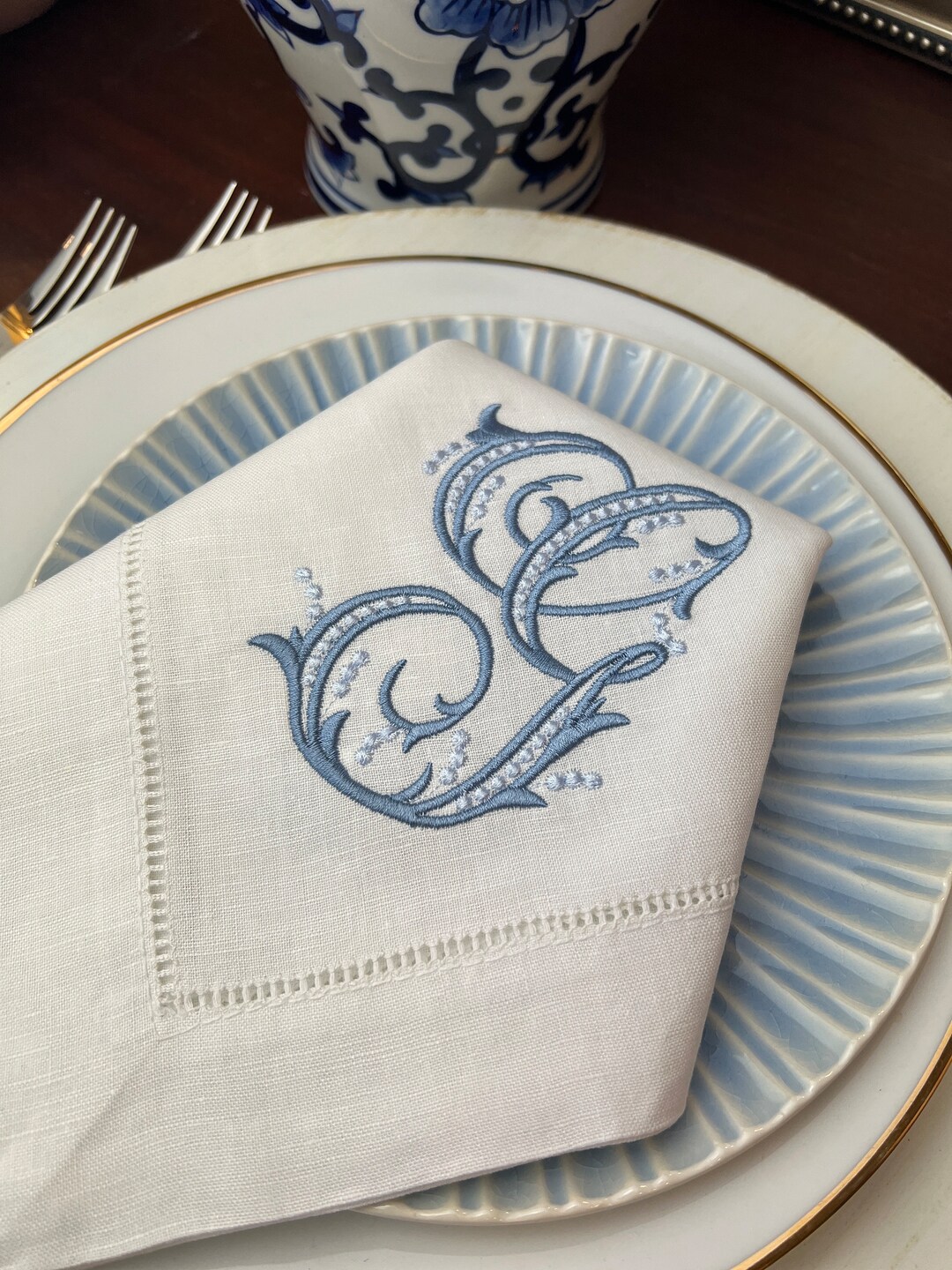 Monogram Embroidered Dinner Napkin With Beaded Script - Etsy