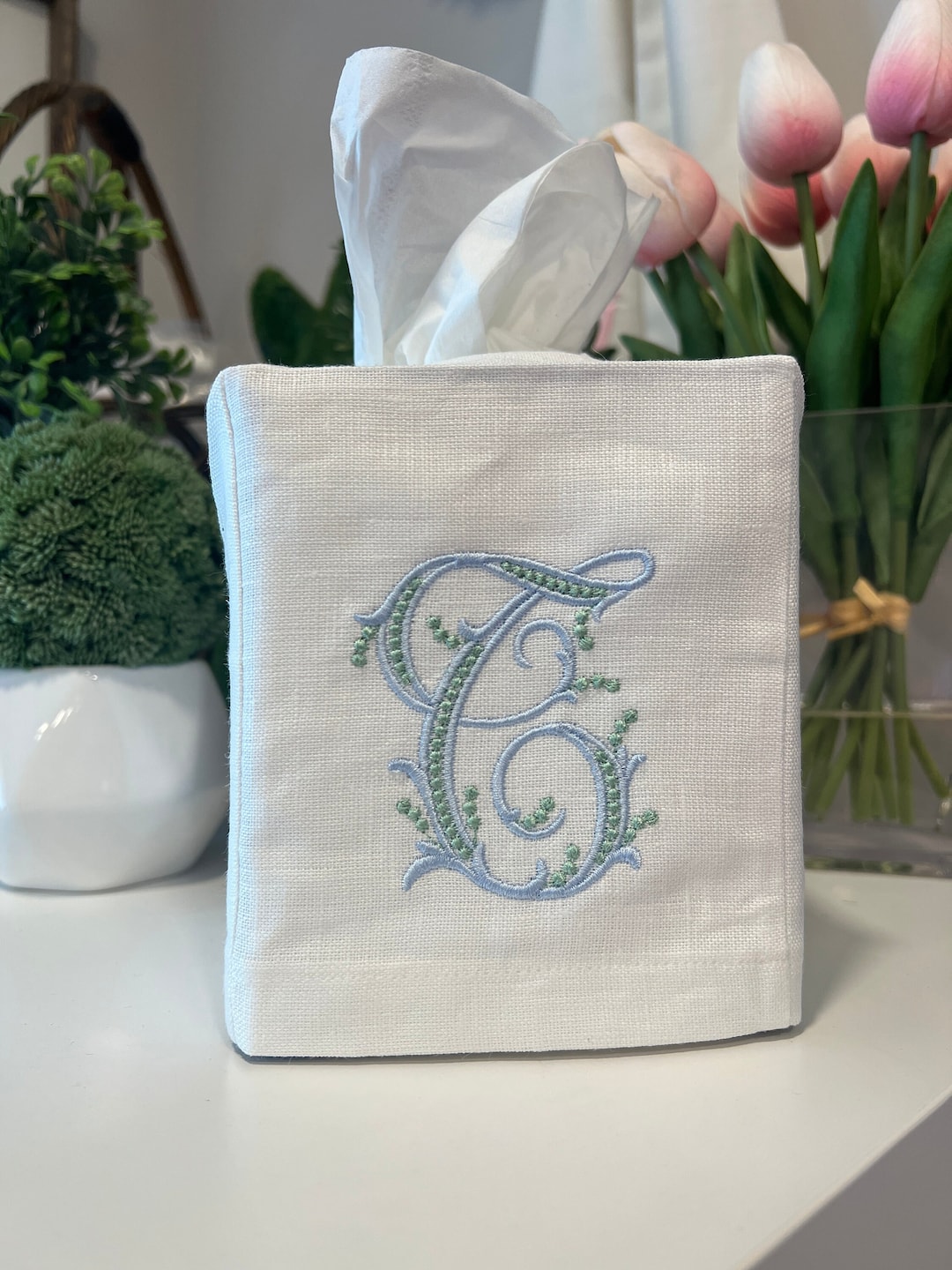 Custom Monogrammed Linen Tissue Cover With Beaded Script Monogram - Etsy