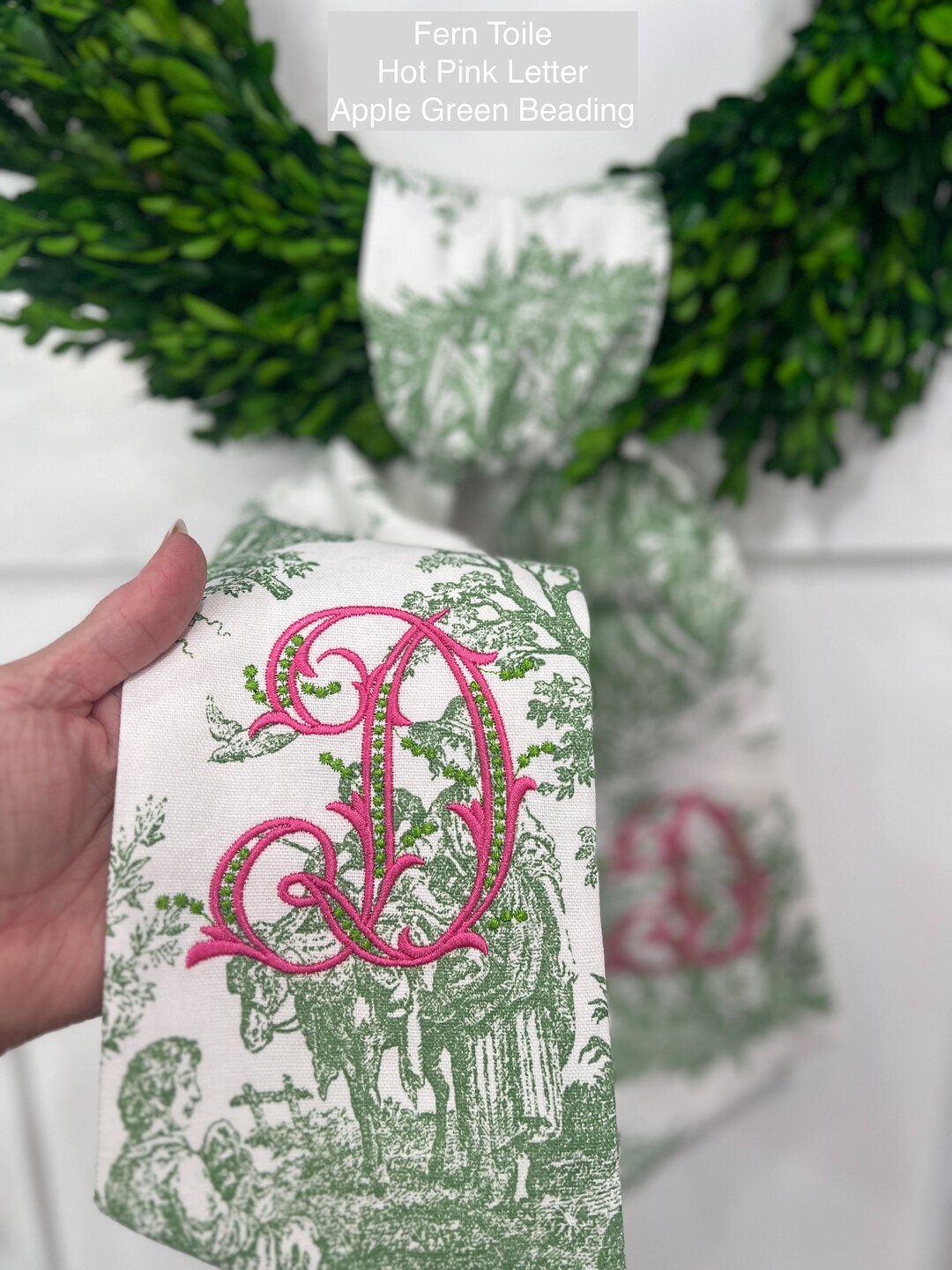 Beaded Script Monogram With Classic French Toile Wreath Sash, French ...