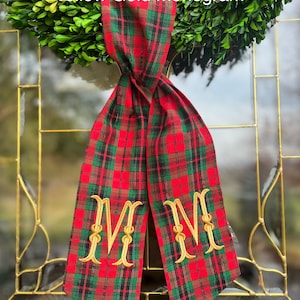 Christmas Tartan Plaid Wreath Sash With Monogram, Wreath Bow, Monogram Front Door, Housewarming ...