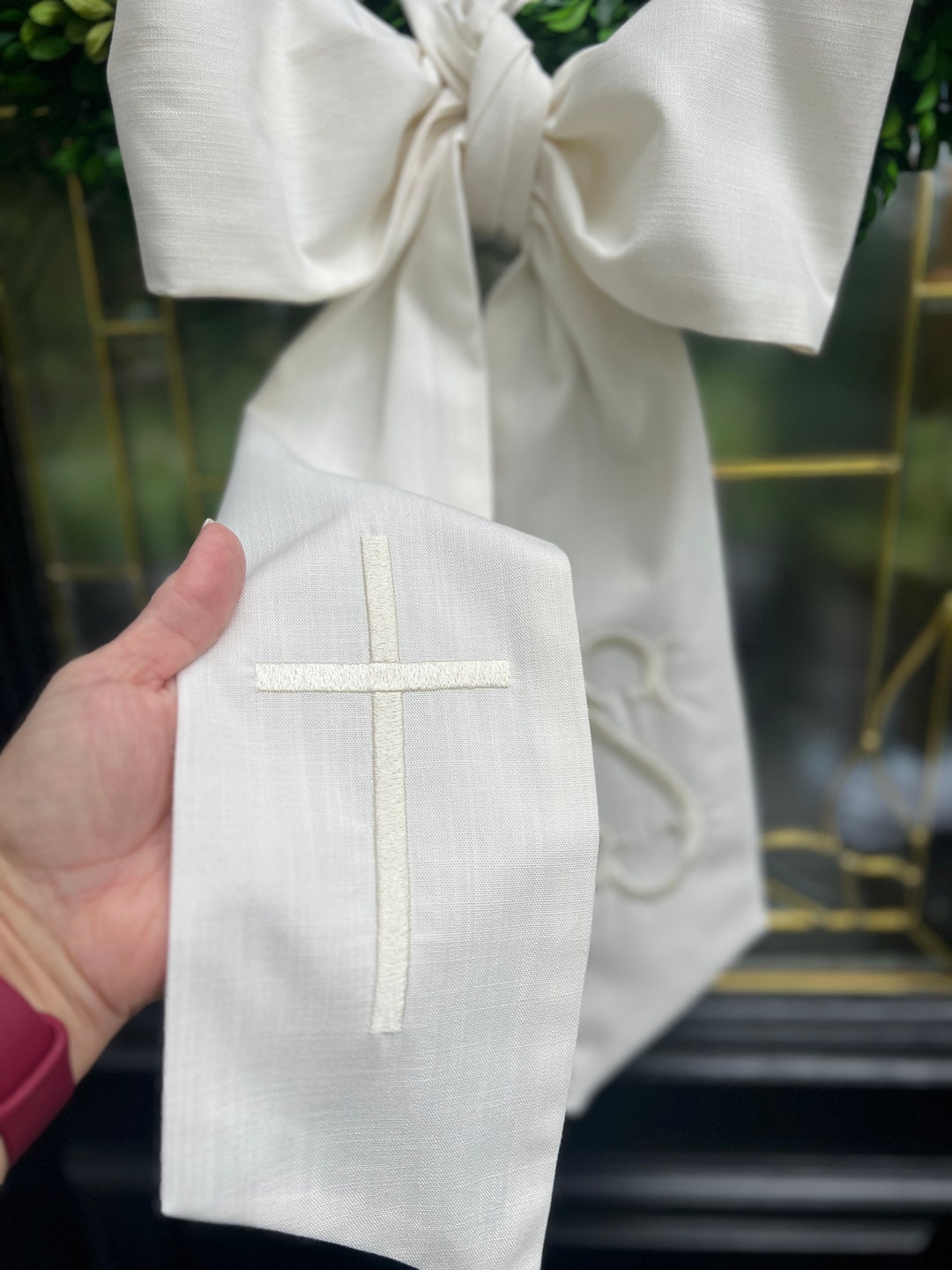 80" Wreath BOW With Cross & Monogram, Baptism Monogram Wreath Bow ...