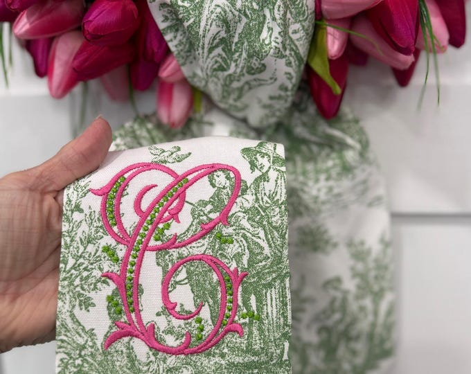 Beaded Script Monogram With Classic French Toile Wreath Sash, French ...