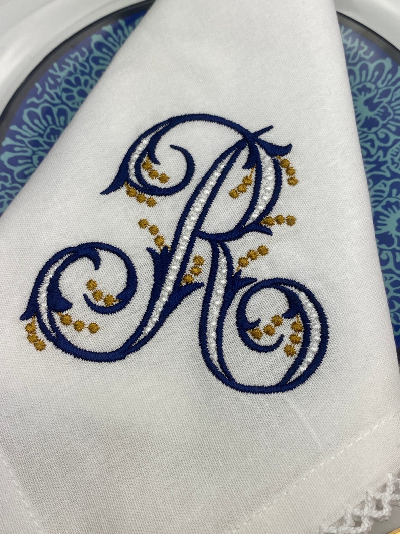Monogram Embroidered Dinner Napkin With Beaded Script | Etsy
