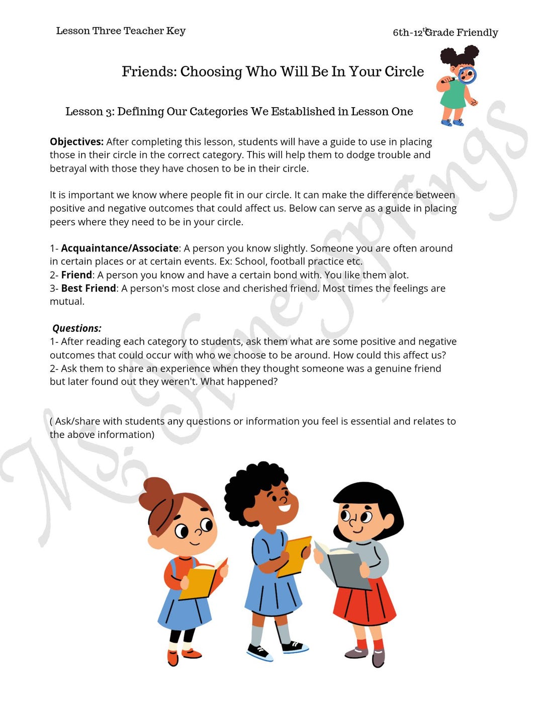 Lesson 3 Teacher Key Defining the Categories We Established in Lesson 1 ...