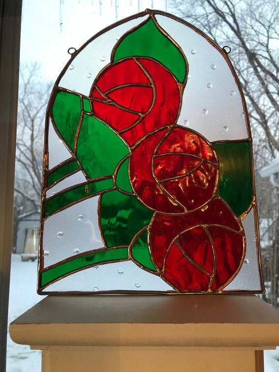 Art Nouveau Style Red Rose Stained Glass 10.5in Tall Arched | Etsy