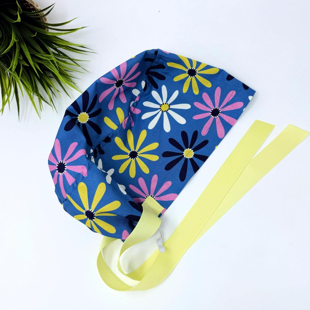 Daisy Euro Scrub Cap With Ties for Women, Flower European Surgical Cap ...