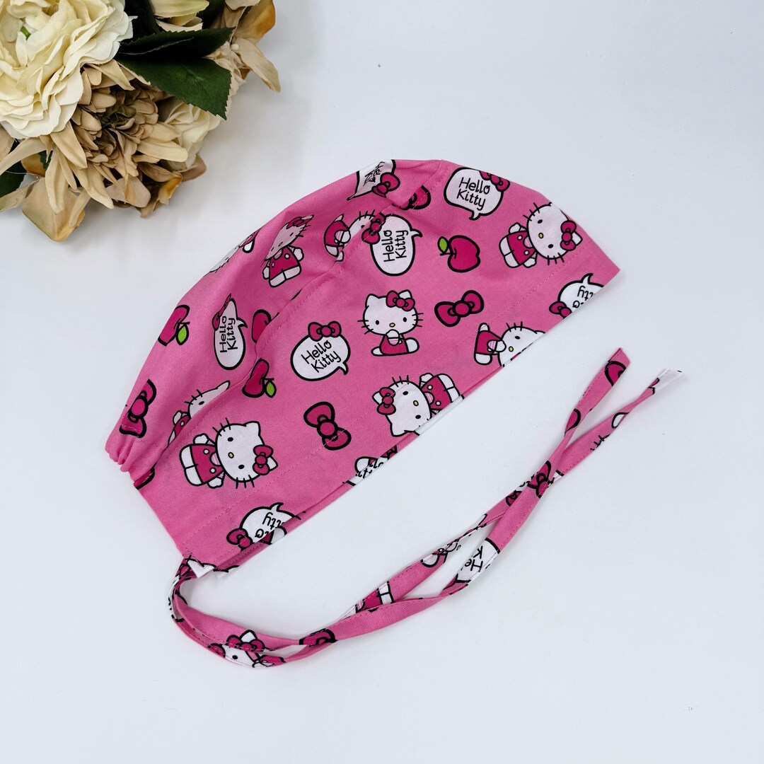Pink Surgical Cap. Kitty Skull Tie-back Style Scrub Cap With Satin ...