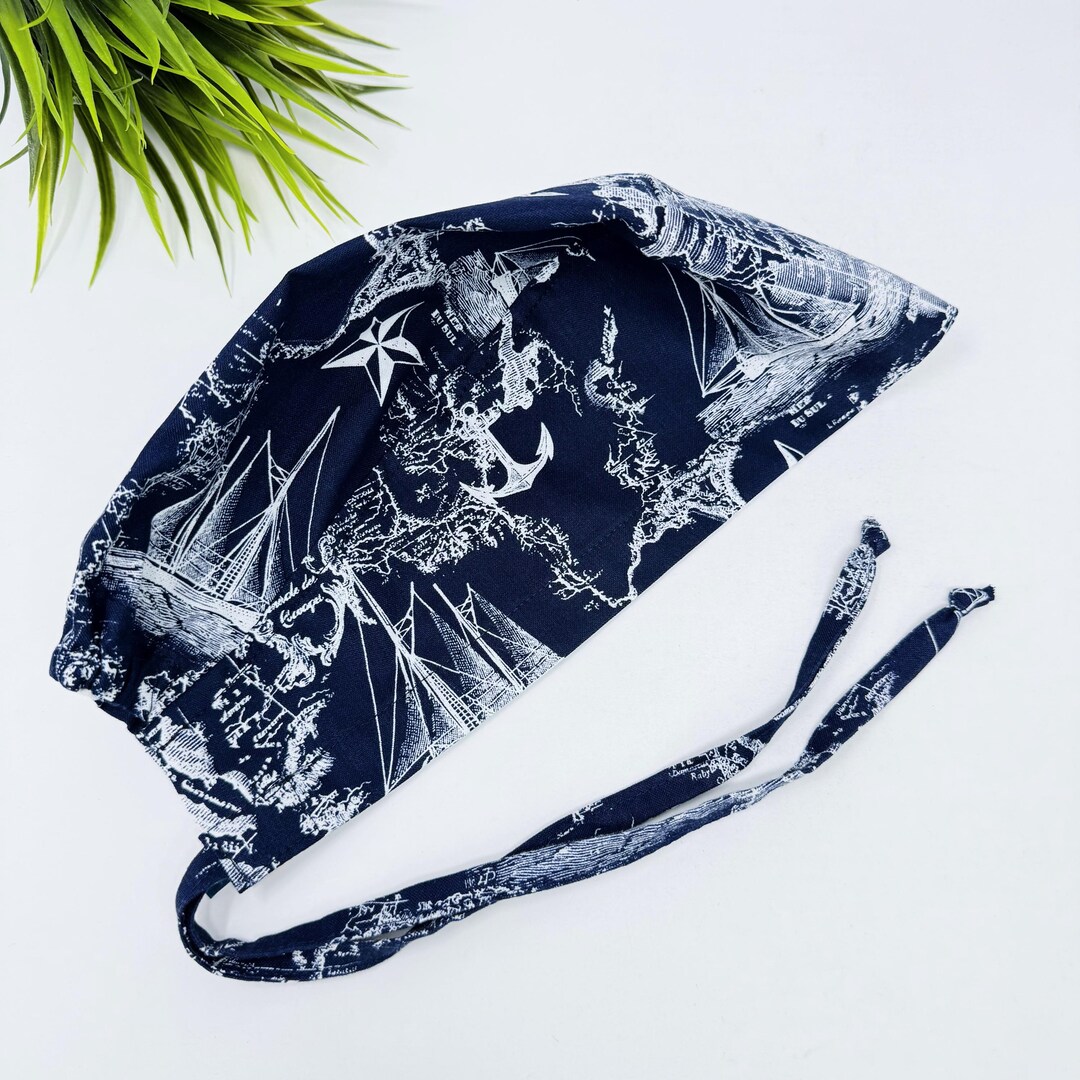 Ocean Cartography Surgical Scrub Cap for Men. Navy Tie Back Scrub Hat ...