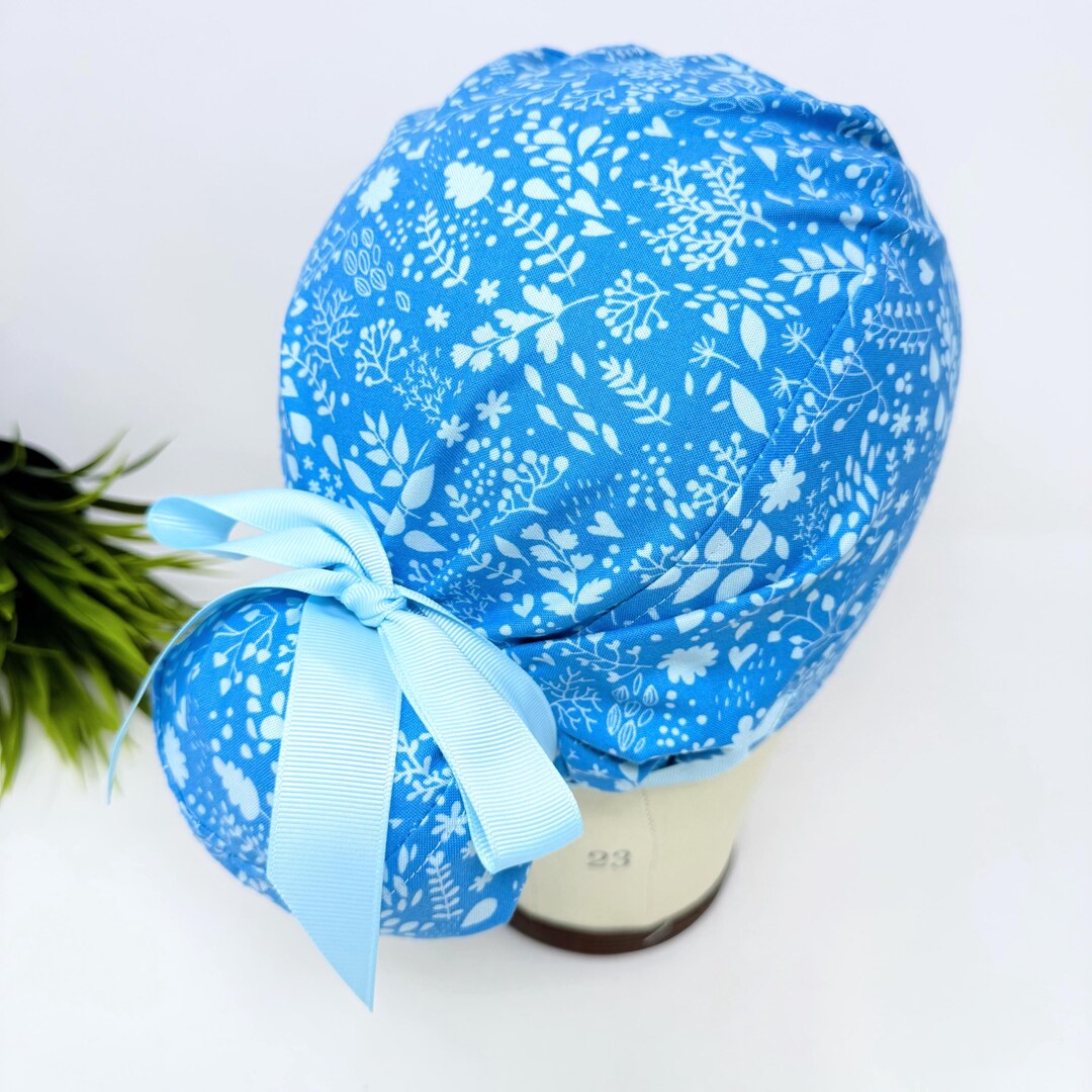 Euro Scrub Cap With Ties for Women, Calm Blue Floral European Surgical ...