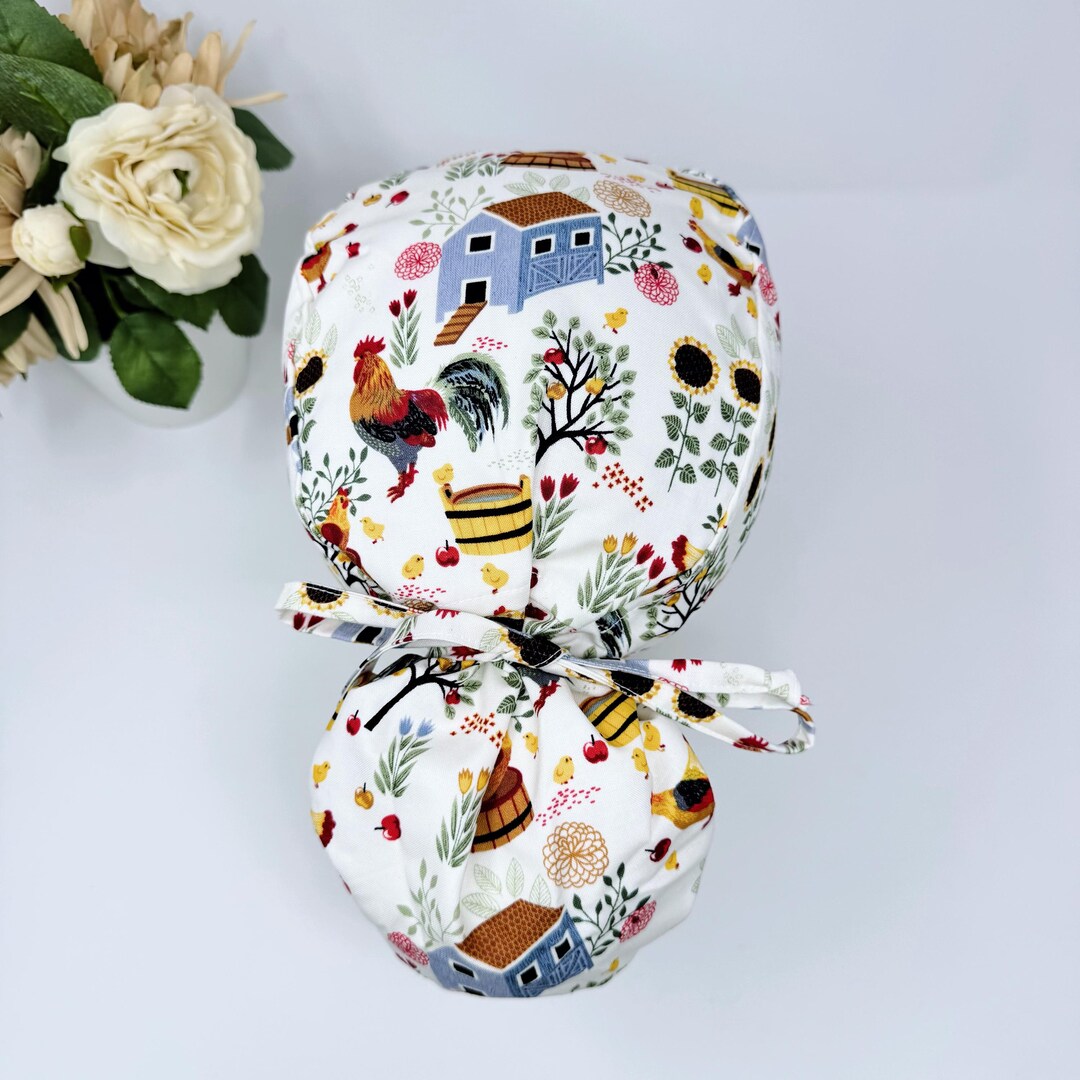 Chicken Ponytail Scrub Cap. Coops Surgical Hat Women. Satin Lined ...
