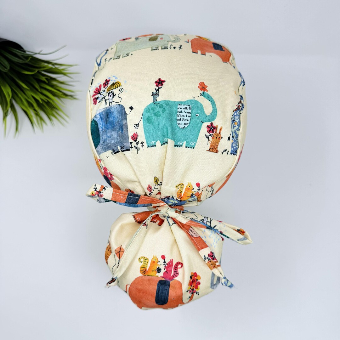 Elephant Ponytail Scrub Cap for Women. Jungle Surgical Hat With Satin ...