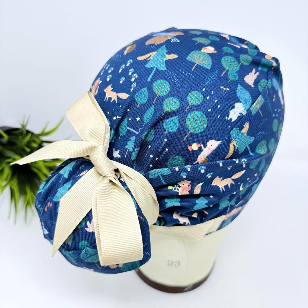 Forest Animals Euro Scrub Cap With Ties for Women. Blue Woodland ...