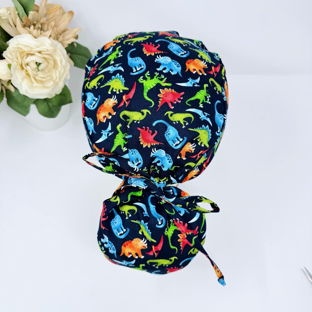 Dinosaur Ponytail Scrub Cap for Women. Dino Surgical Hat With Satin ...