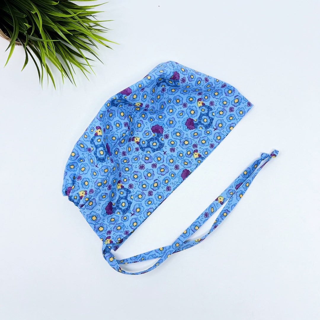 Chickens on Blue Surgical Scrub Cap Customizable Cotton Hat With ...