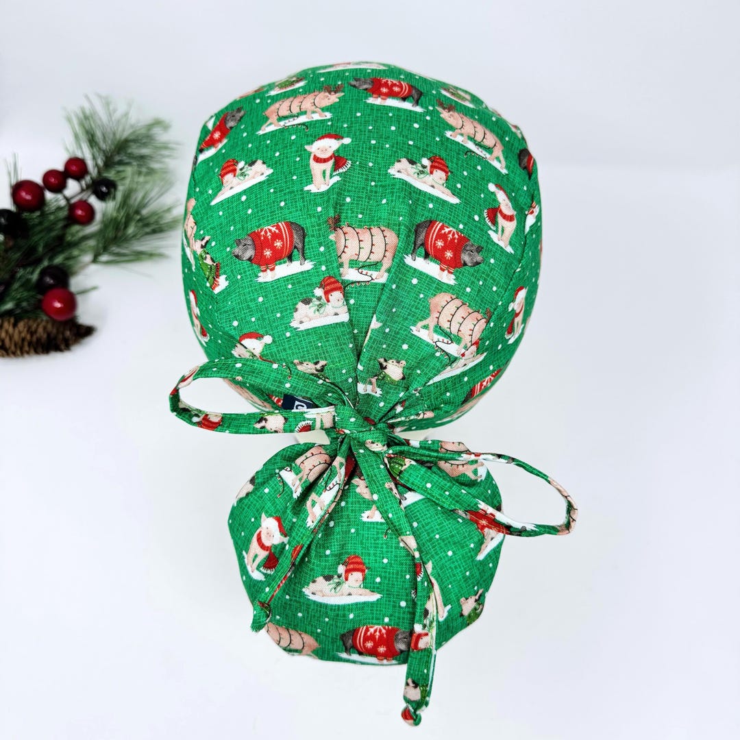 Christmas Pig Ponytail Scrub Cap With Satin Lined. Winter Surgical ...