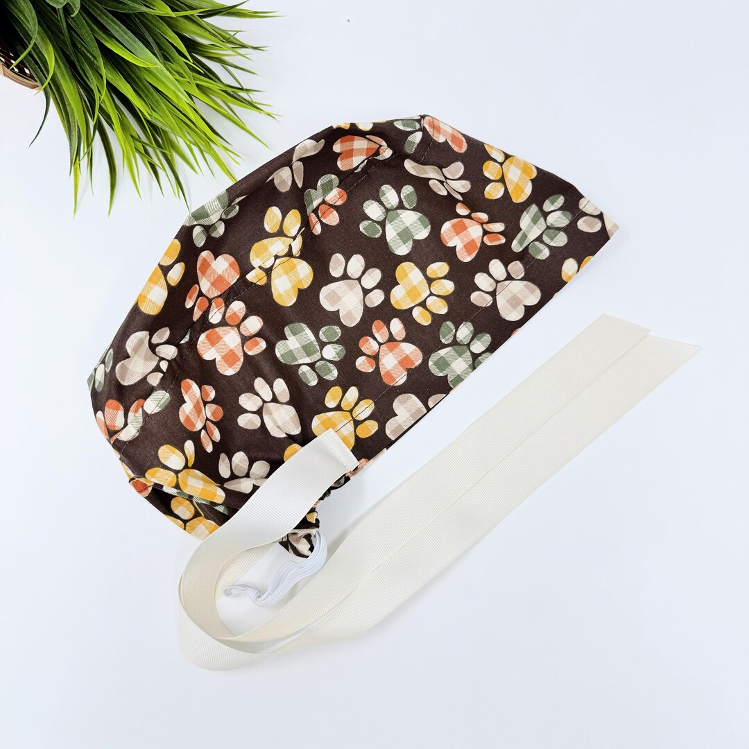 Fall Buffalo Check Paws Euro PLUS Style With Ties Scrub Cap for Women ...