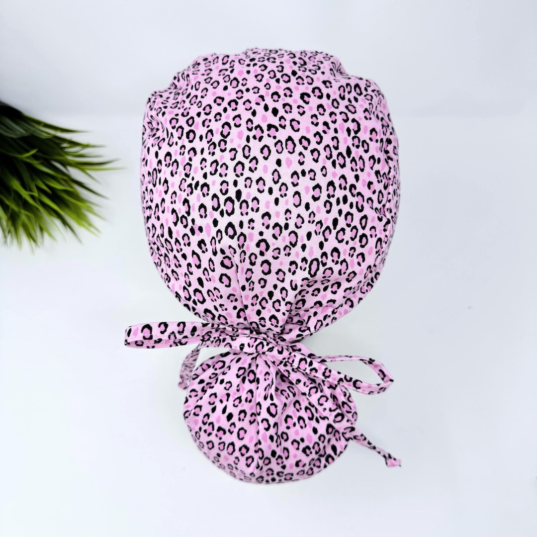 Leopard Ponytail Scrub Cap for Women. Pink Surgical Hat With Satin ...