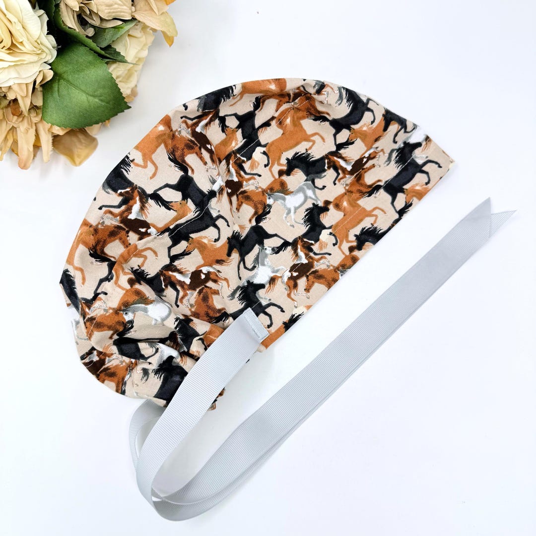 Horse Euro Scrub Cap With Ties for Women, Western European Surgical Cap ...