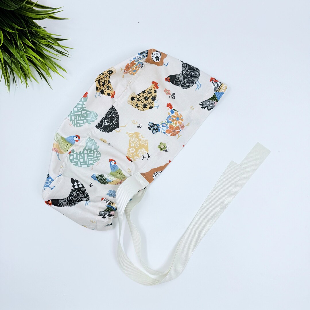 Chickens on Ivory Euro PLUS Style With Ties Scrub Cap for Women ...