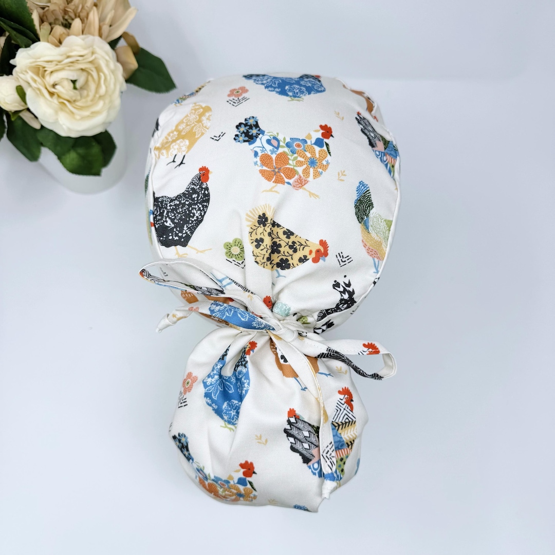 Chicken Ponytail Scrub Cap Women. Satin Lined Option Surgical Hat With ...