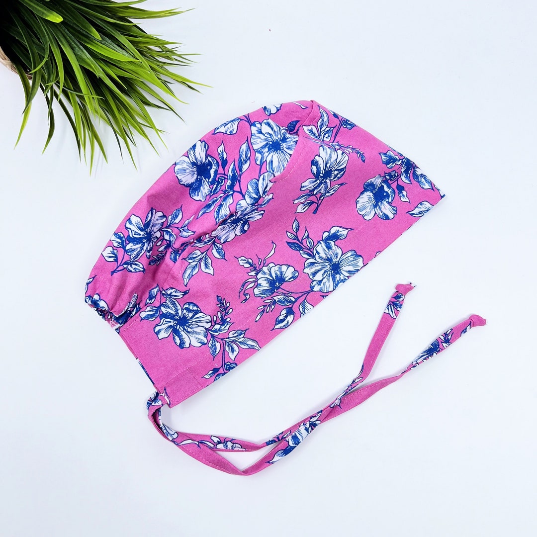 Blue Flower Surgical Cap. Skull Tie-back Style Scrub Hat Option by ...