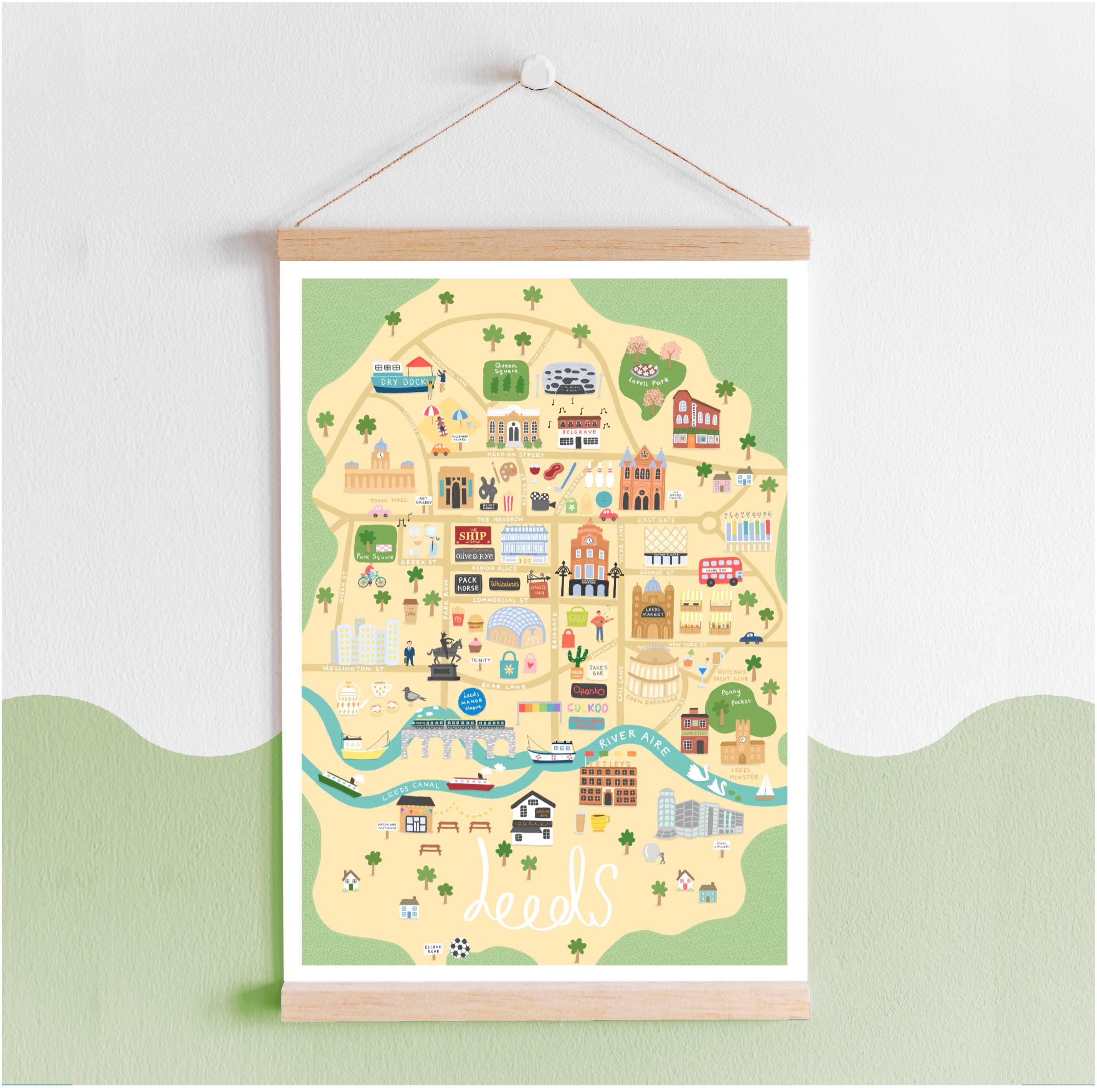 Illustrated Map of Leeds, A4 Art Print, Map Illustration, Landmarks in ...