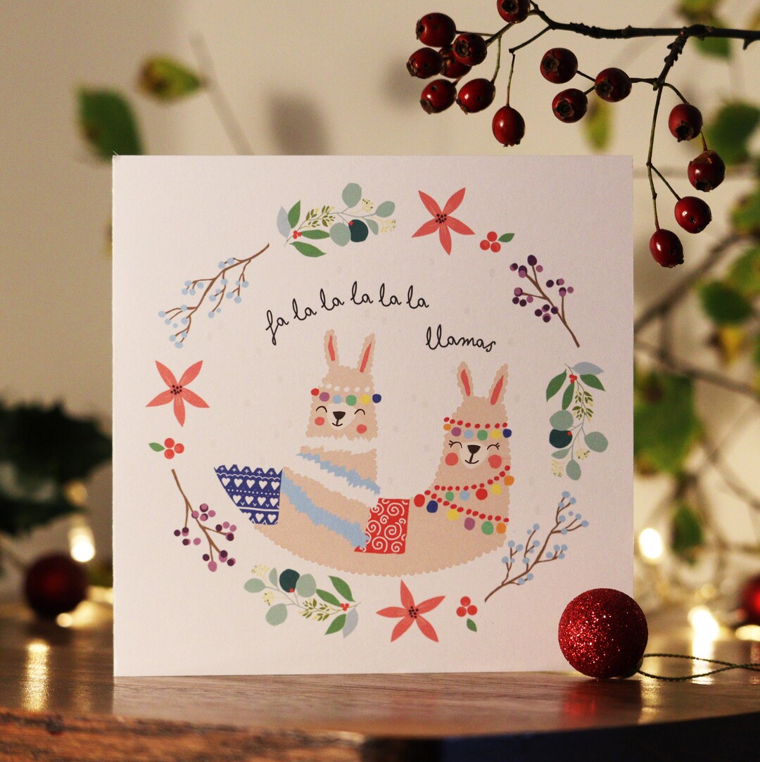 Fa La La Llamas Illustrated Christmas Card, Cute Animal Floral Wreath ...