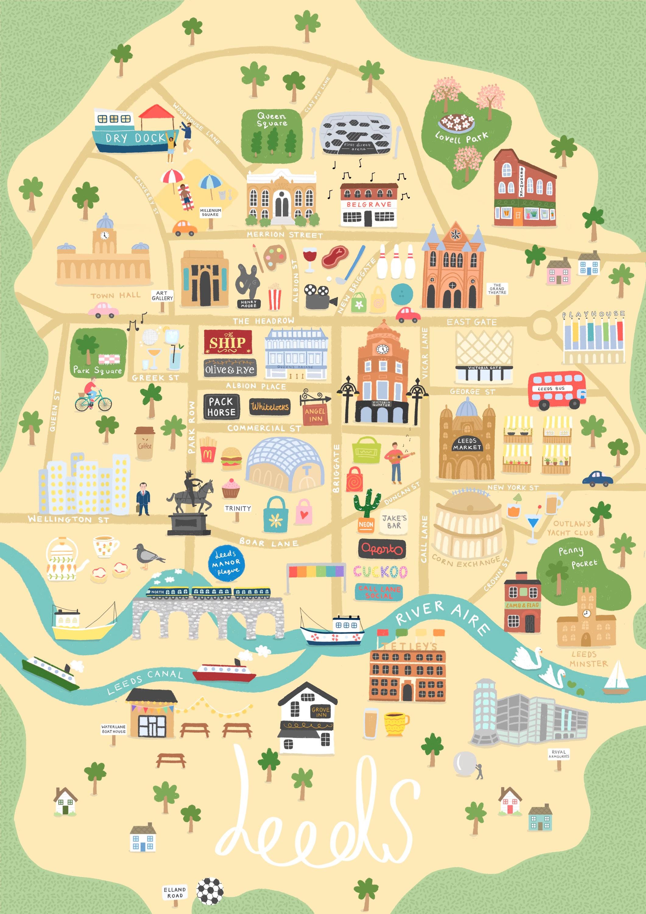 Illustrated Map of Leeds, A4 Art Print, Map Illustration, Landmarks in ...