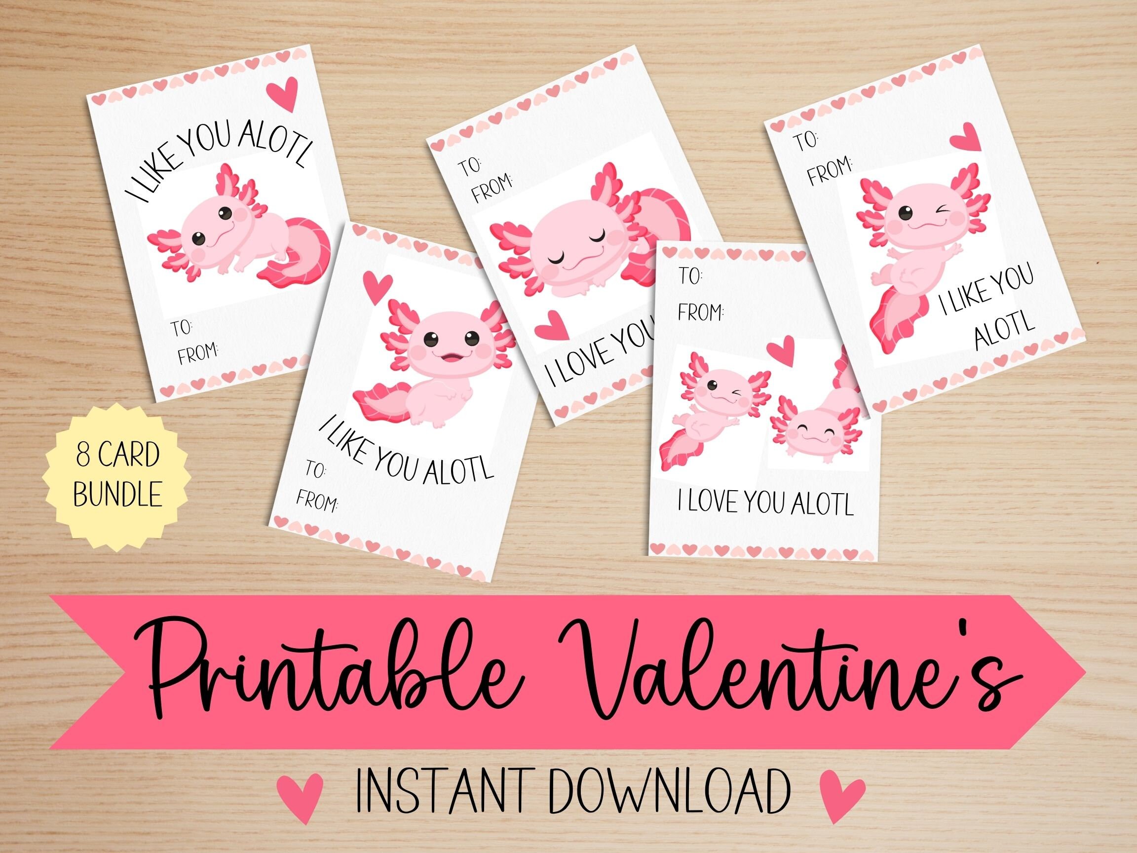 Axolotl Themed Printable Valentines for Kids, Valentine's Day School ...