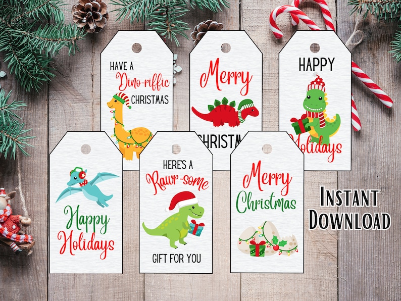 Dinosaur Christmas Gift Tags. Printable Gift Tags Dino Themed. Cute ...