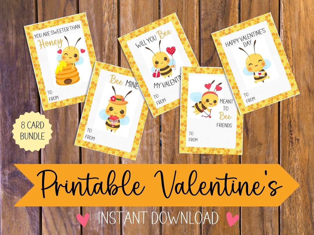 Cute Bee Themed Printable Valentines for Kids, Classroom Valentine's ...