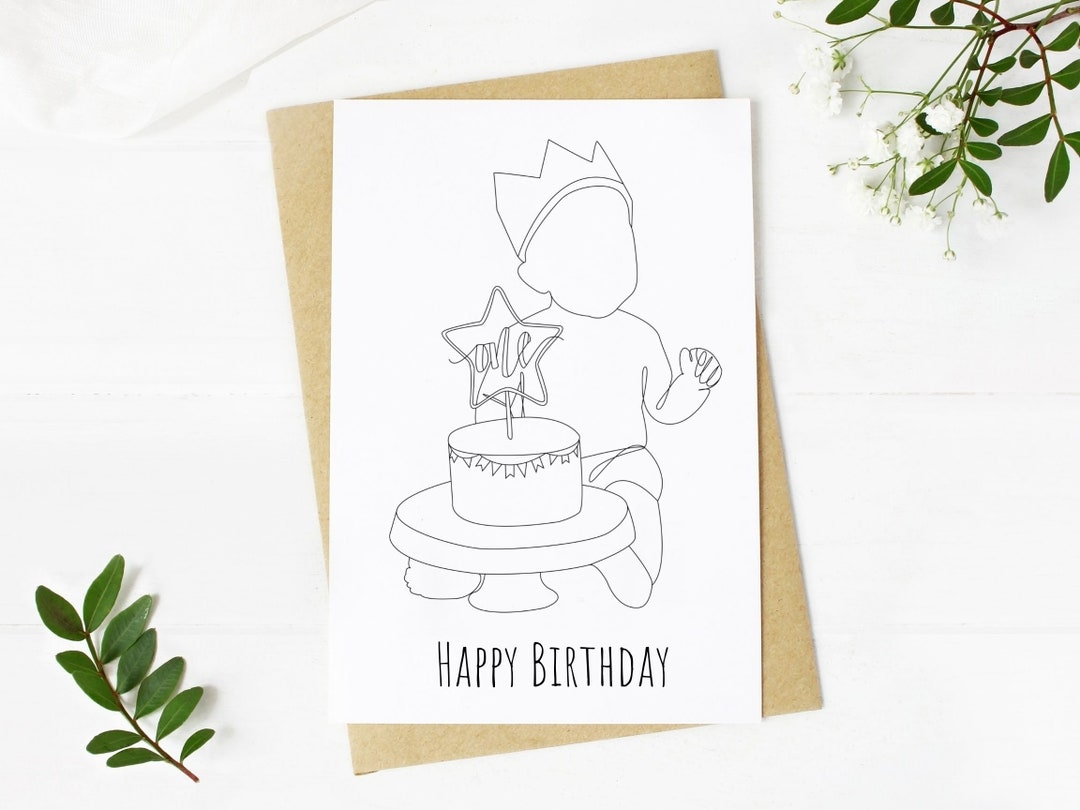 Printable First Birthday Card/ Gender Neutral Line Art Bday Card for ...
