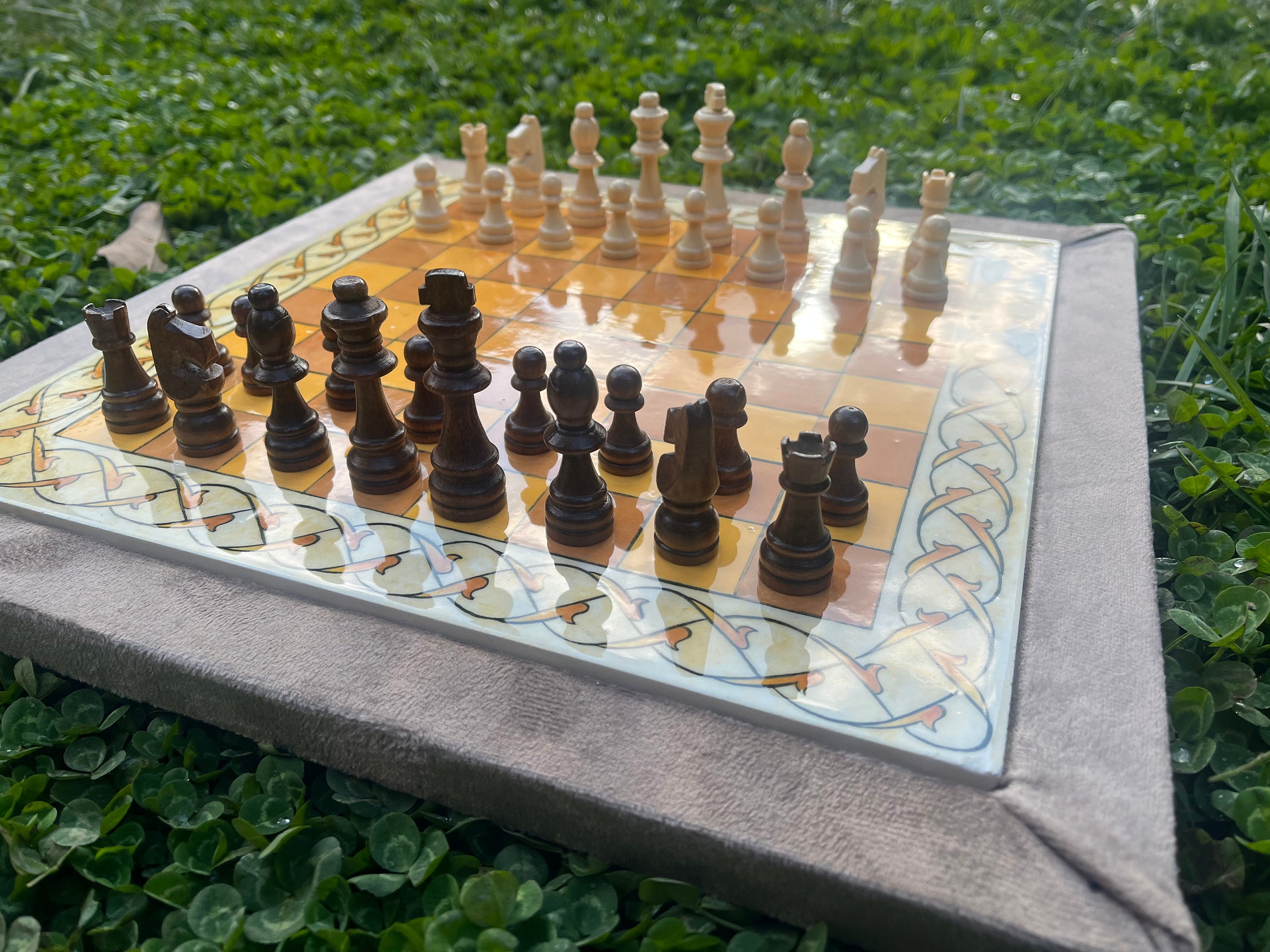 Tiled Chess Set W Handmade Chess Set Yellow Chessboard | Etsy