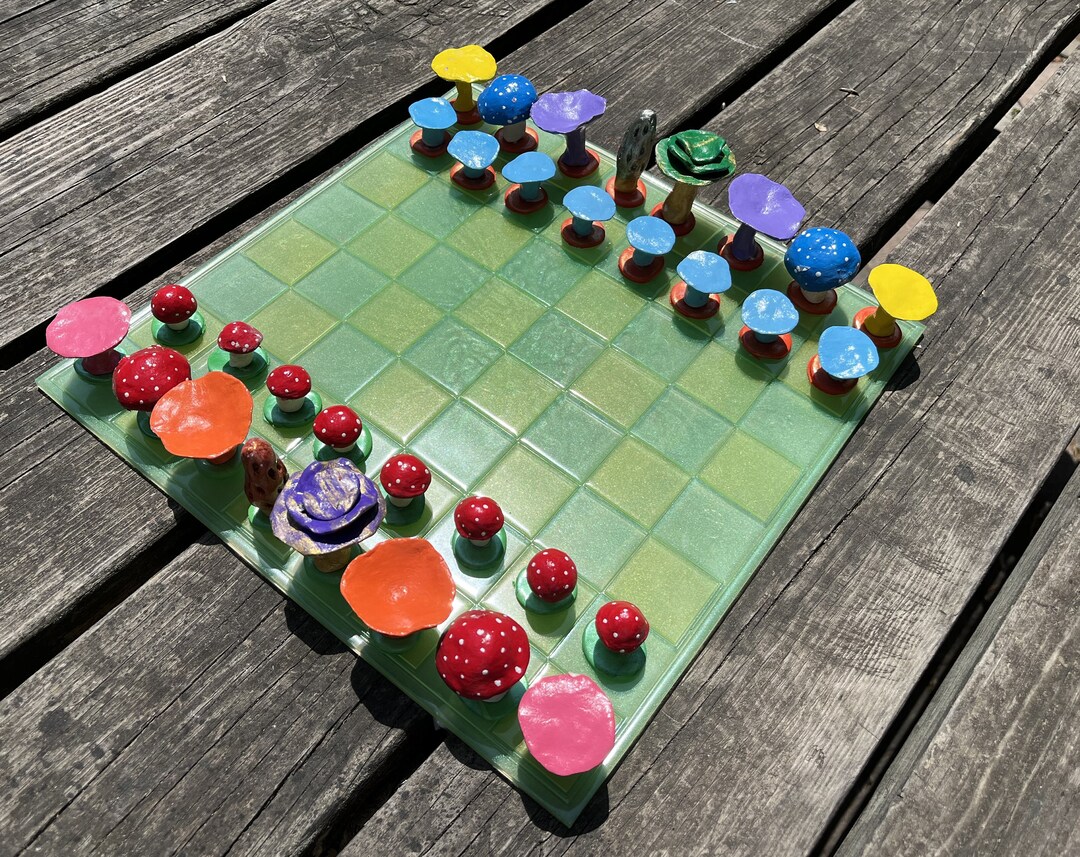 Resin Chessboard W Mushroom Chess Pieces Polymer Clay Chess Colorful Chess Set Personalized Game ...