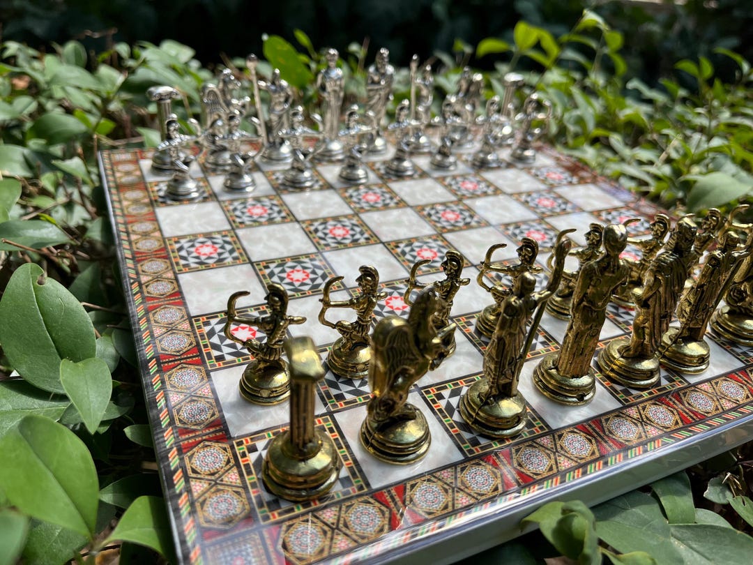 Ancient Rome Chess Set: Gold & Silver Metal Chessmen, Handmade Wooden ...