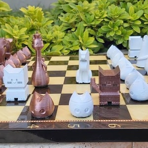 Cat Chess Set W Cat Pieces With Board Handmade 3D Chess Set Unique ...