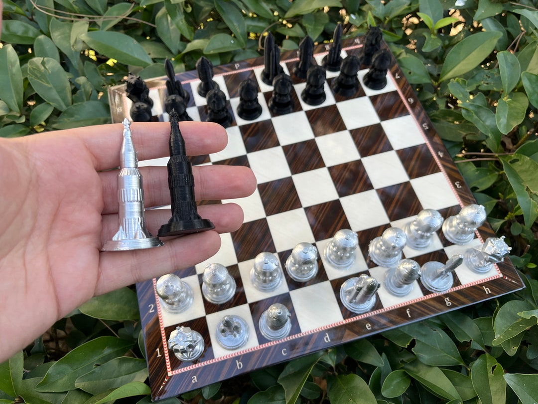 Space Race Chess Set W Handmade Chess Board War Chess Rocket Motif 3D ...