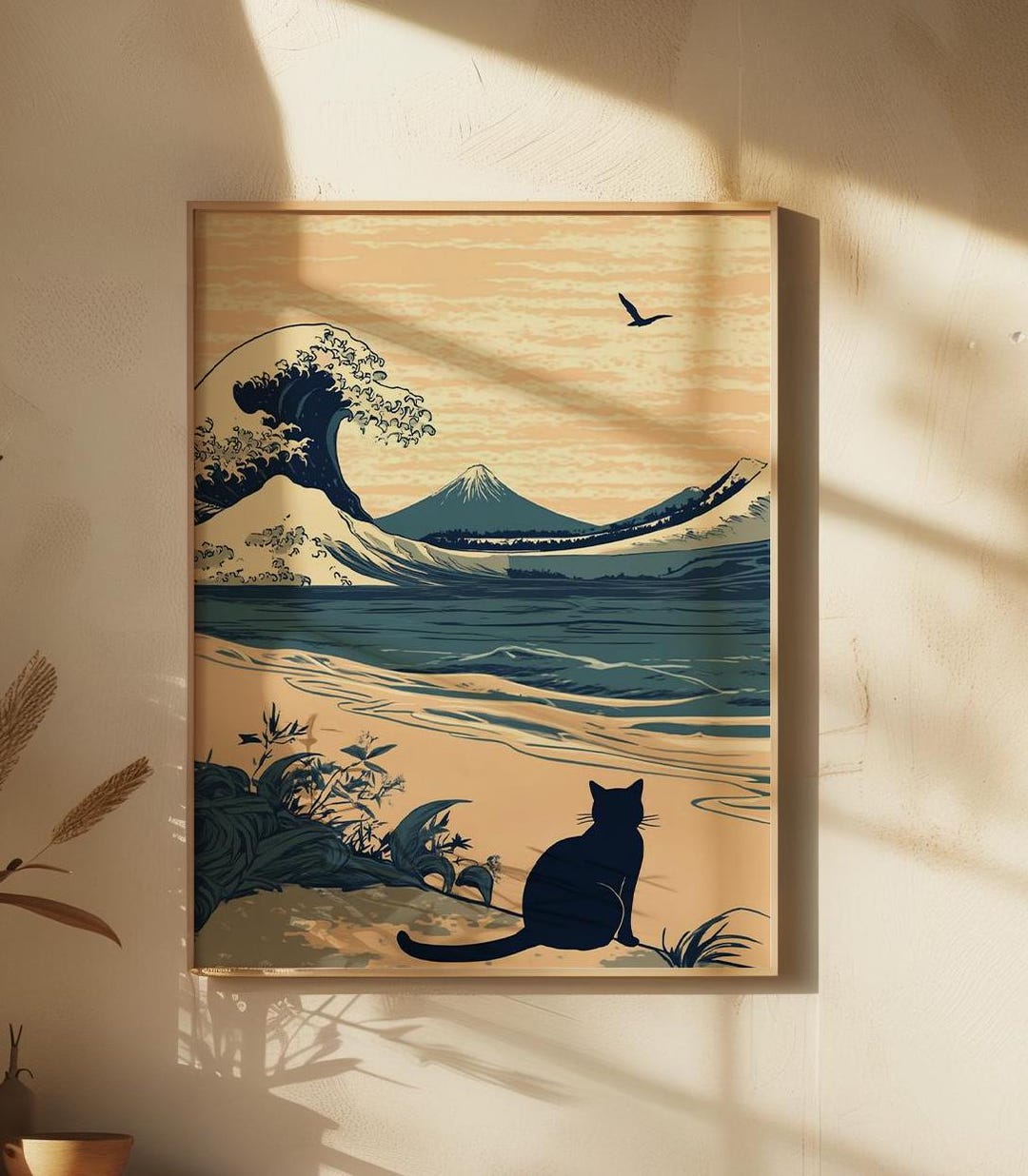 Great Wave Hokusai Japanese Cat Art Print | Hokusai Inspired Black Cat ...