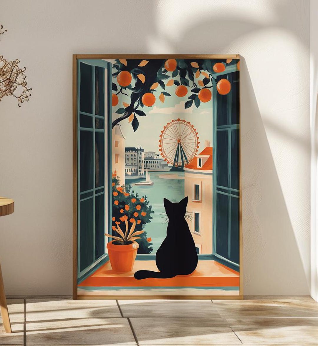 Matisse Inspired London Eye Art Print | Black Cat Window View - Etsy
