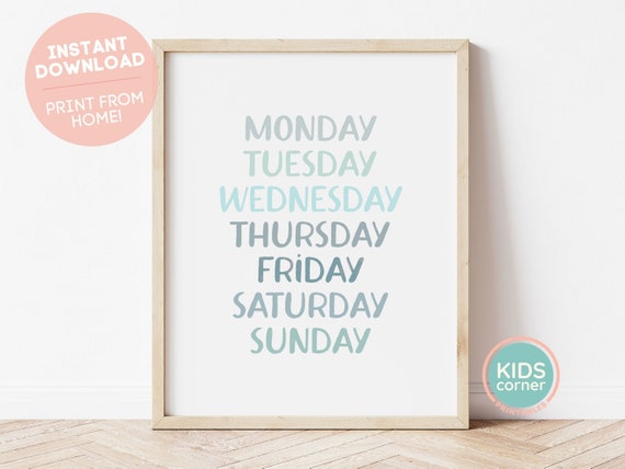 Days of the Week Chart Printable Wall Art Educational Print | Etsy