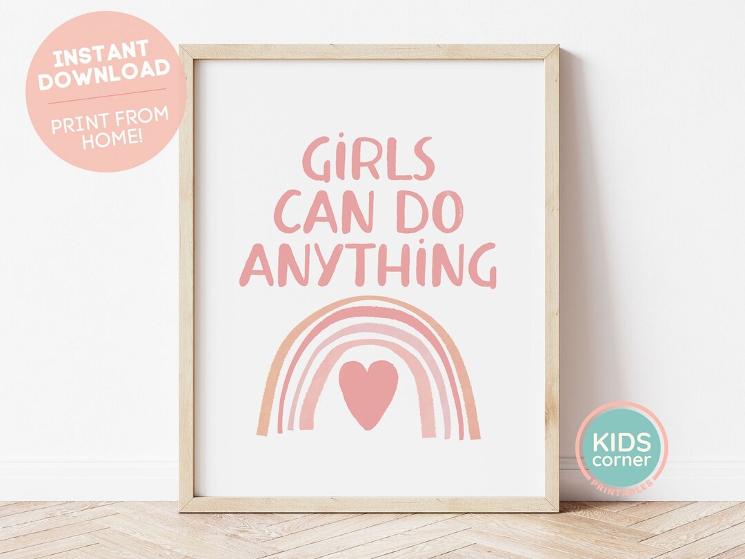 Girls Can Do Anything Print, Rainbow Decor, Heart Decor, Positive Decor ...