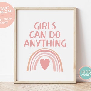 Girls Can Do Anything Print, Rainbow Decor, Heart Decor, Positive Decor ...