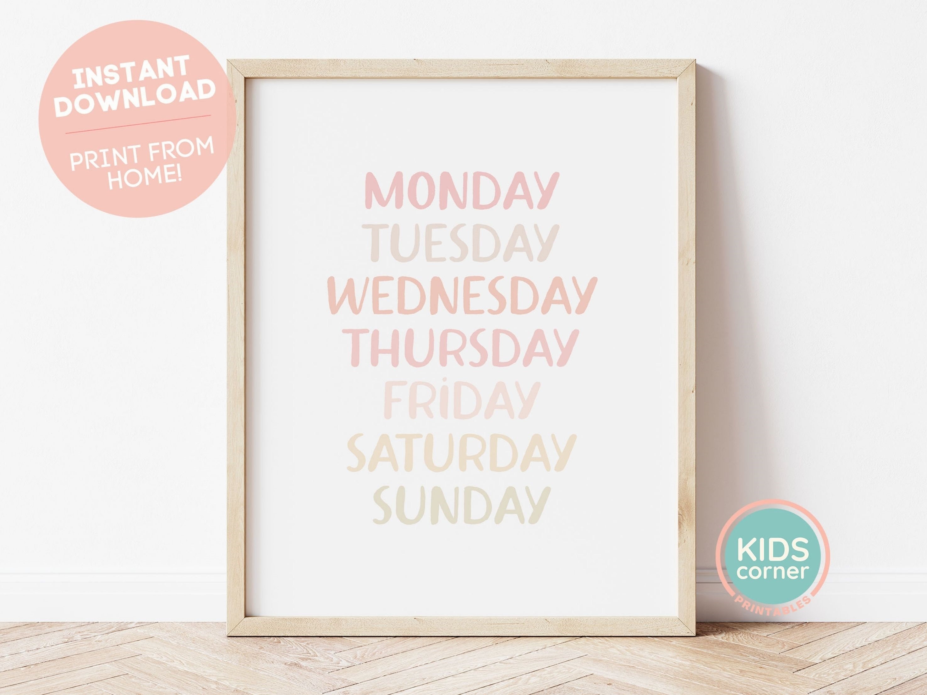 Days of the Week Chart, Printable Wall Art, Educational Print, Neutral ...