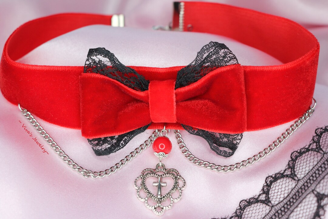 Red Velvet Choker, Necklace , Heart Cross Pendant , Jewelry for Women ...