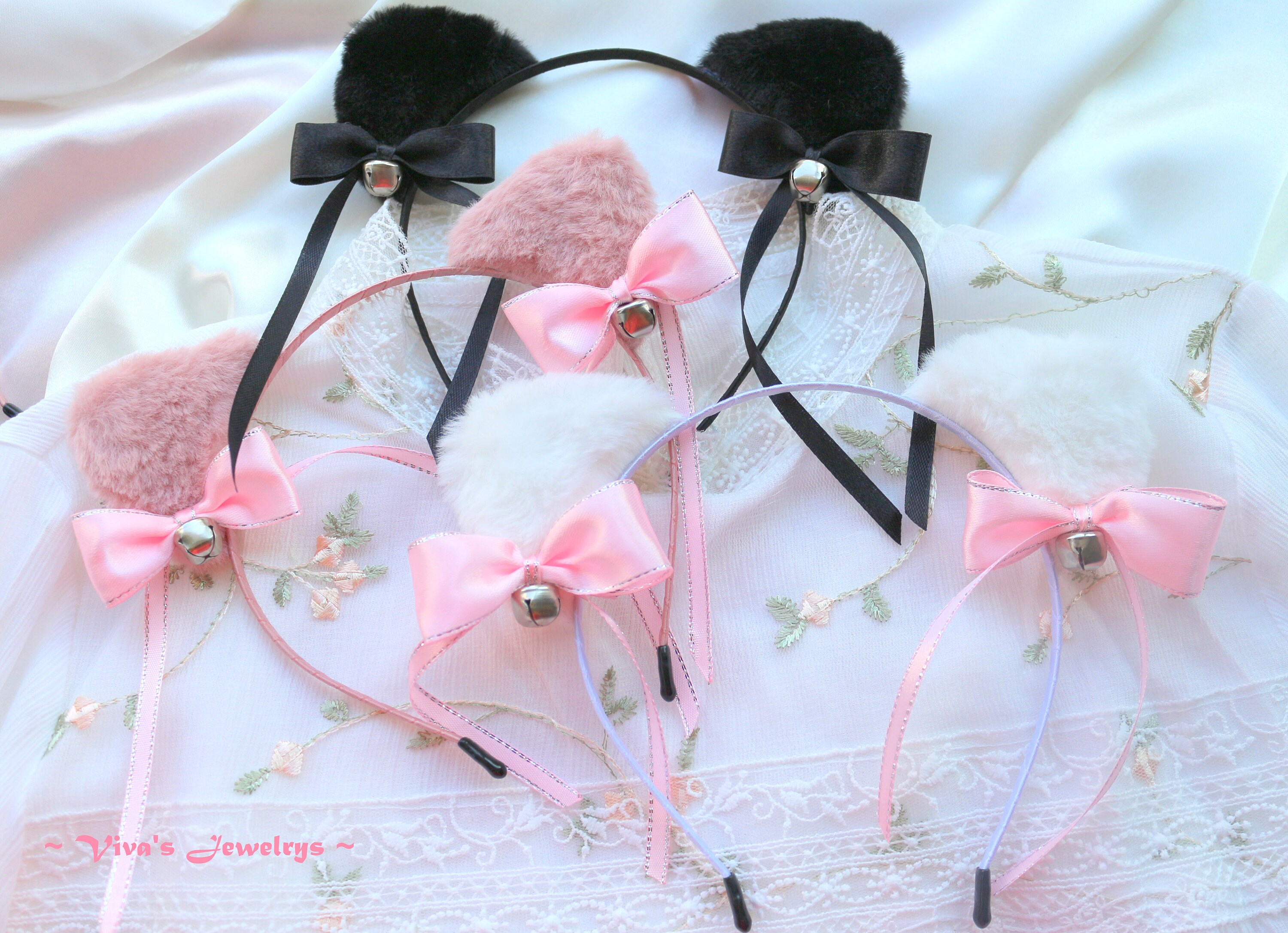 Cute Cat ears Headband Satin bows silver plated Kitten | Etsy