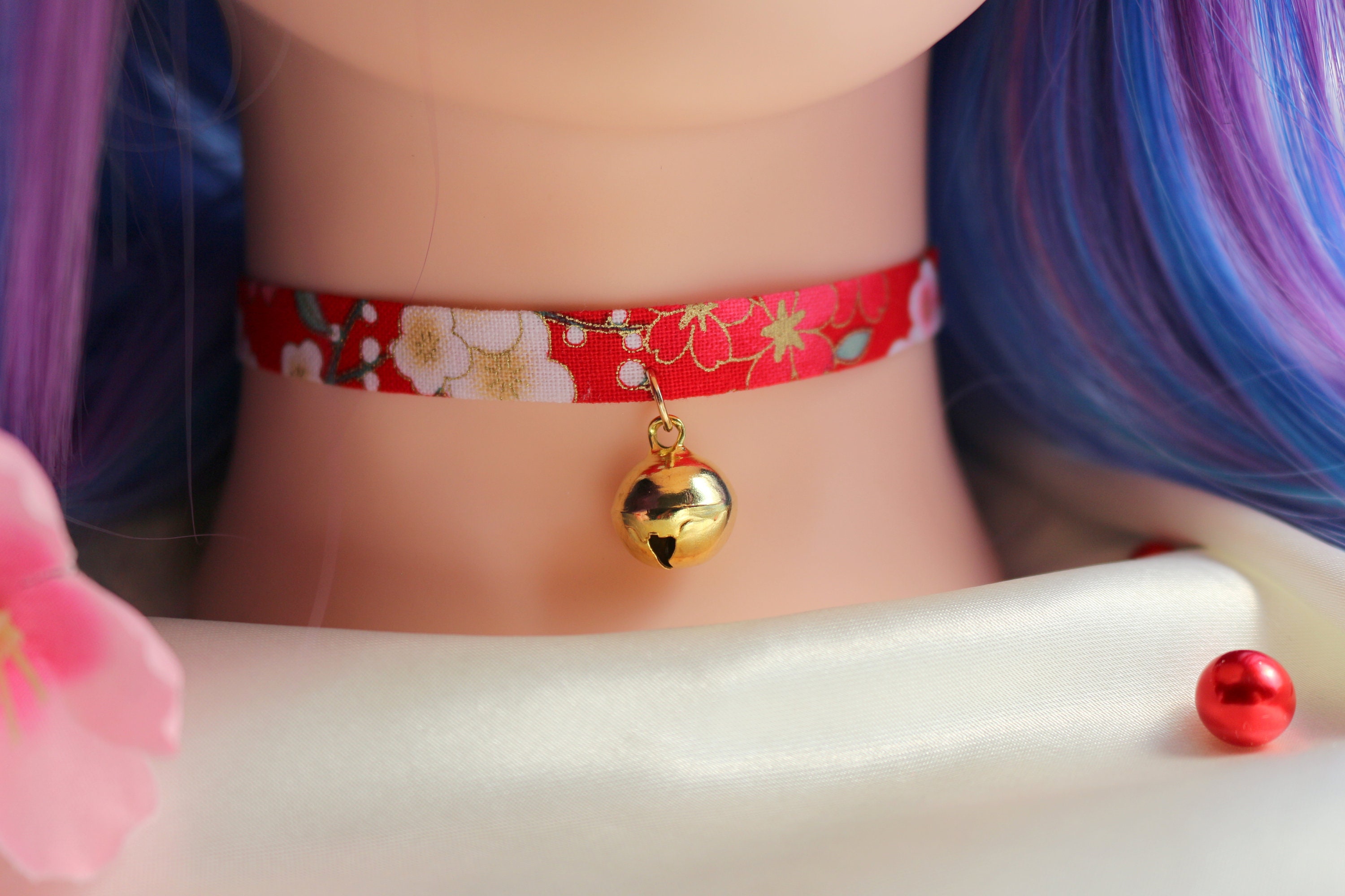 Japanese Style Choker Necklace Red Gold Kitten Bell - Etsy