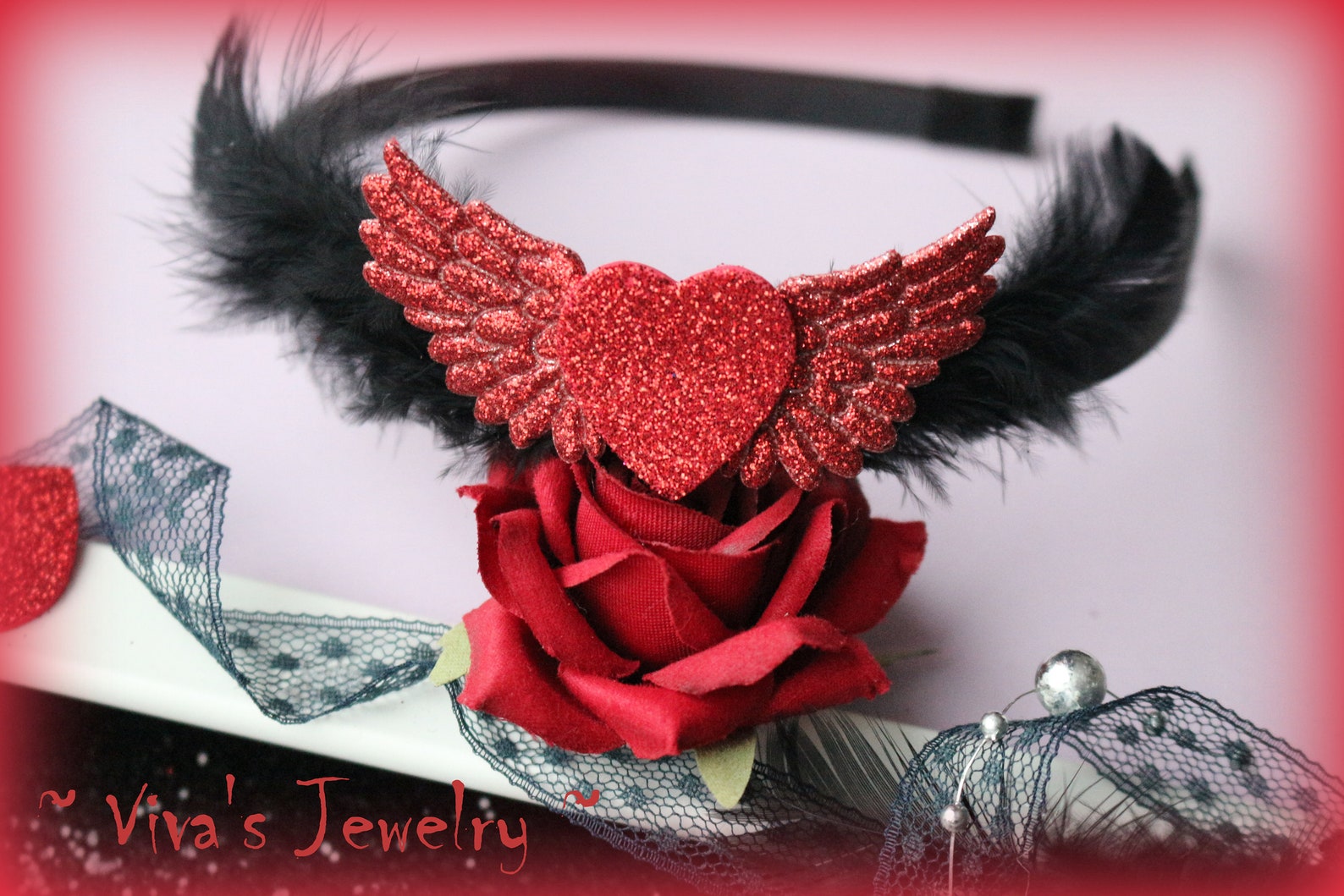 Wings Heart Headband Black red Hair Accessory New | Etsy
