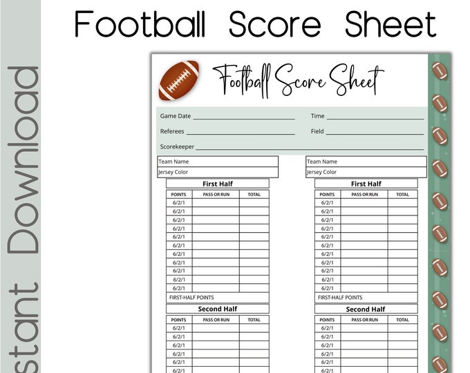 Football Score Card Football Scoresheet - Etsy