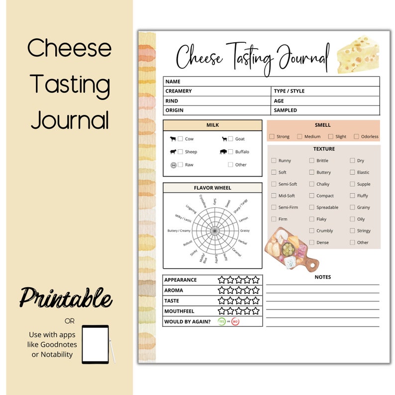 Cheese Tasting Notes Journal Printable - Etsy